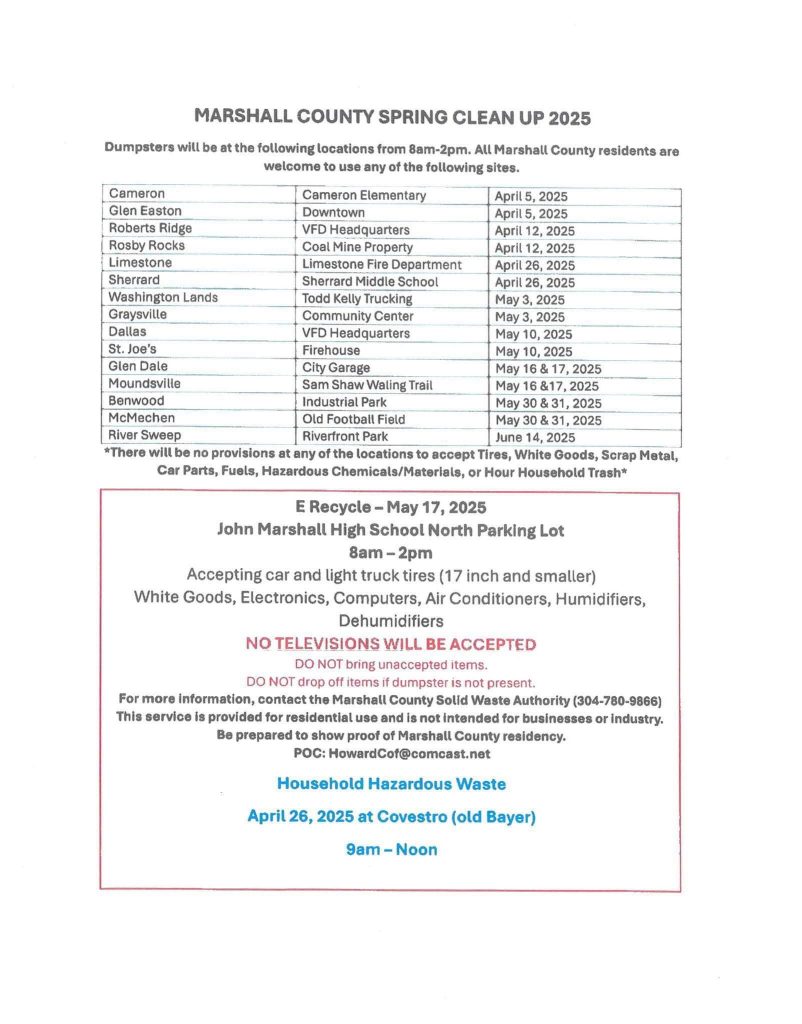 Spring Clean Up Dumpsters May 16th and 17th, 2025 – City of Glen Dale, WV